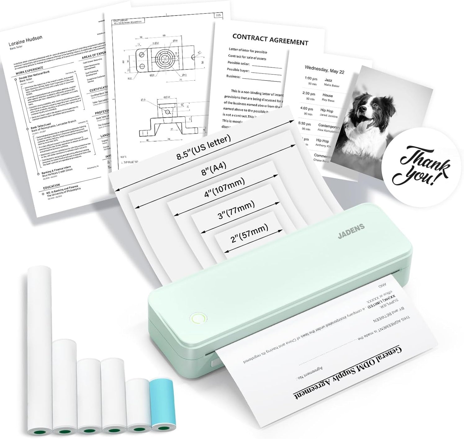 JADENS PD-A4 Bluetooth Portable Printer with 6 Rolls of Thermal Paper