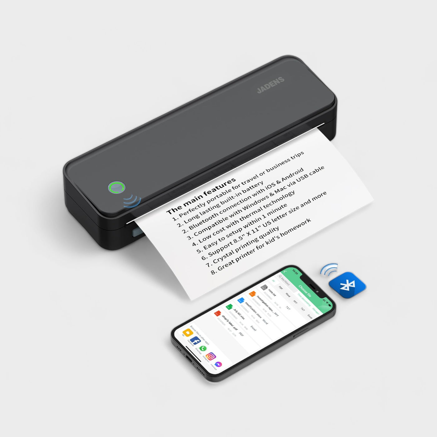 JADENS Bluetooth Portable Printer - Support Letter Size Paper