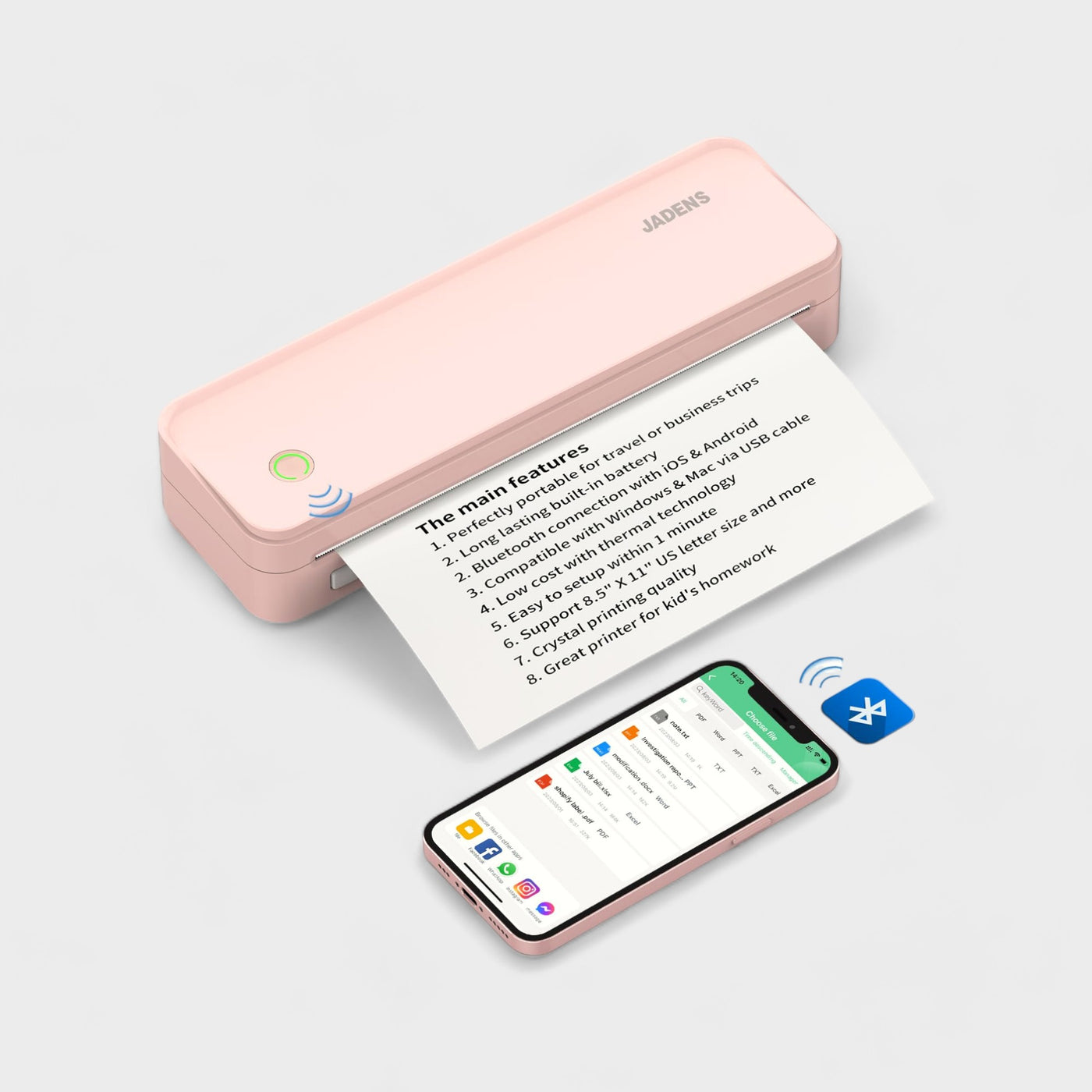 JADENS Bluetooth Portable Printer - Support Letter Size Paper